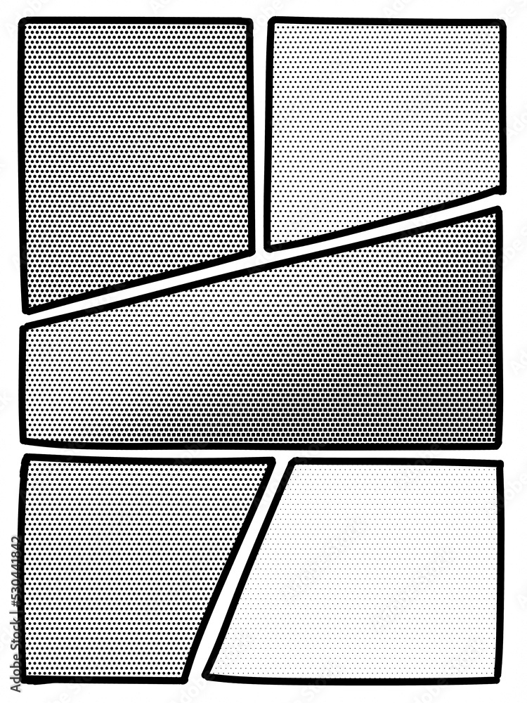 A comic book panel, made of many angled hand-drawn boxes, each filled ...