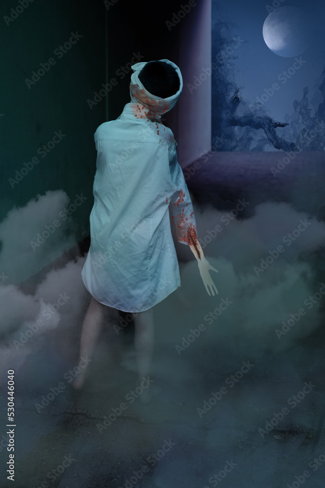 zombie, monster, ghost child 8 years old in white hoodie in creepy ...