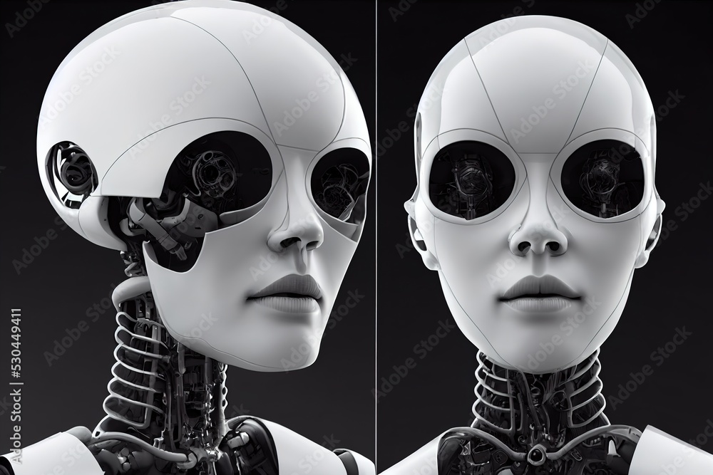 AI or artificial intelligence in the form of a robot, a humanoid face ...