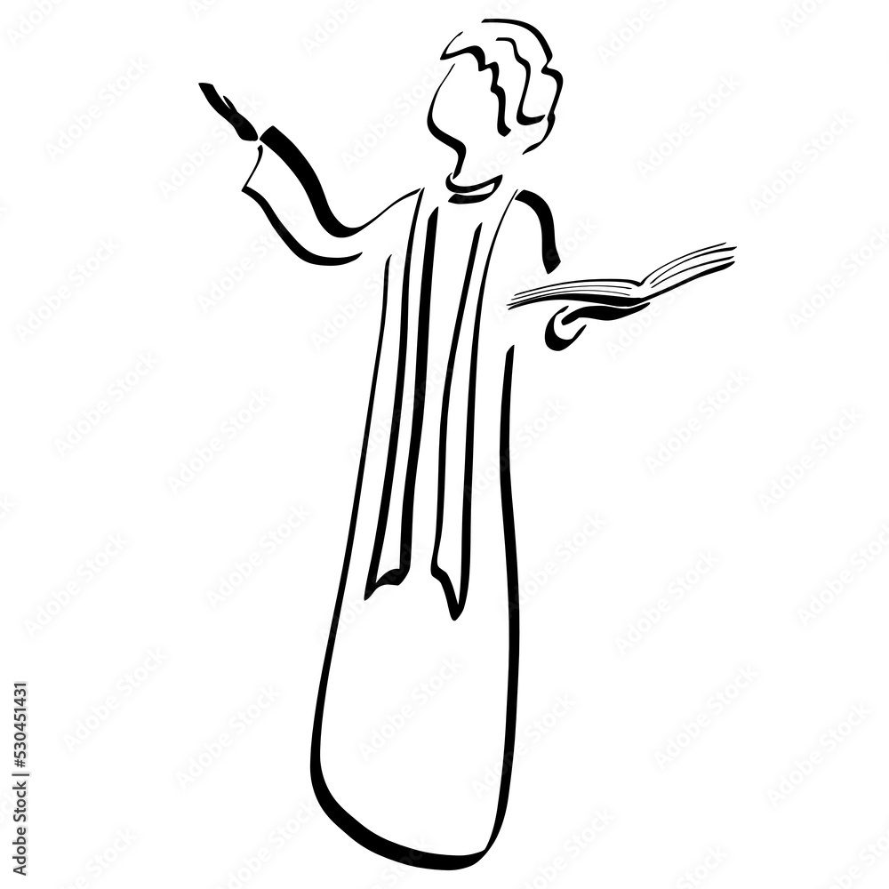 young priest holds an open Bible in one hand and raises the other hand ...