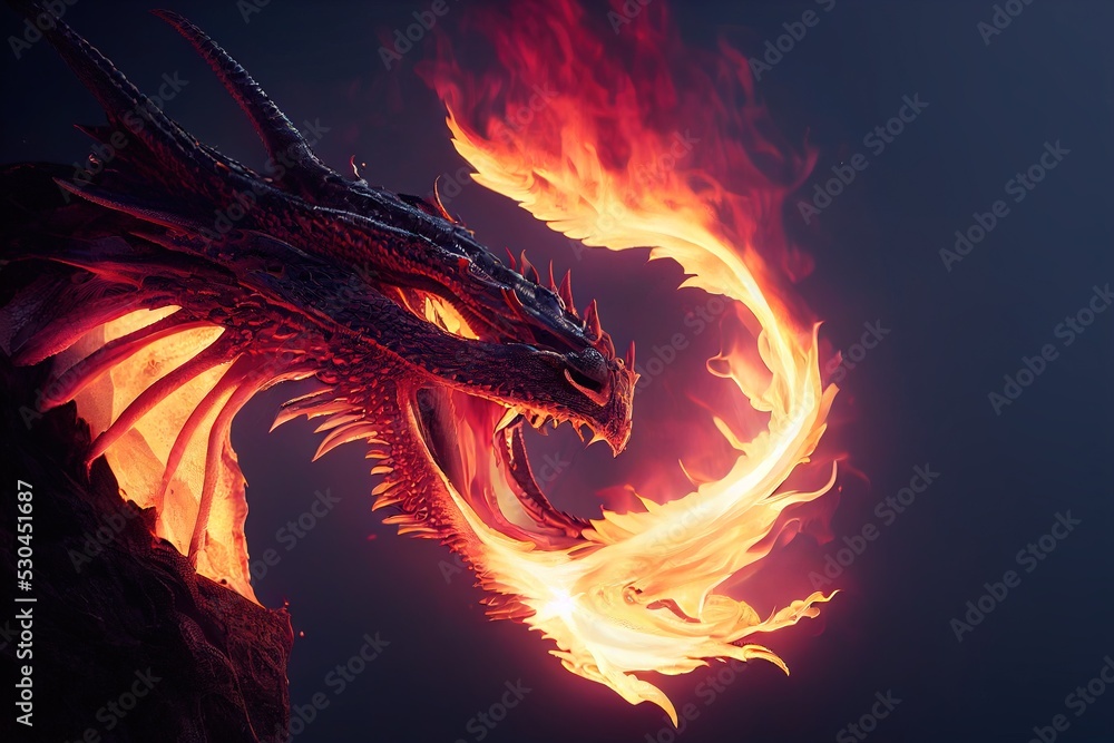 An ancient dragon with burning eyes. Portrait of a mysterious dragon ...
