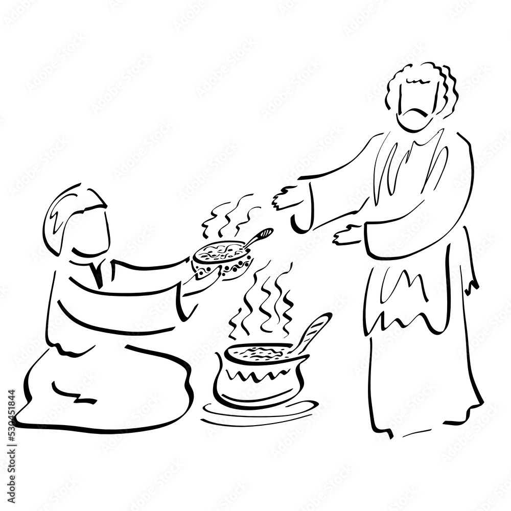 Esau sells the birthright to Jacob for stew, black outline on white ...