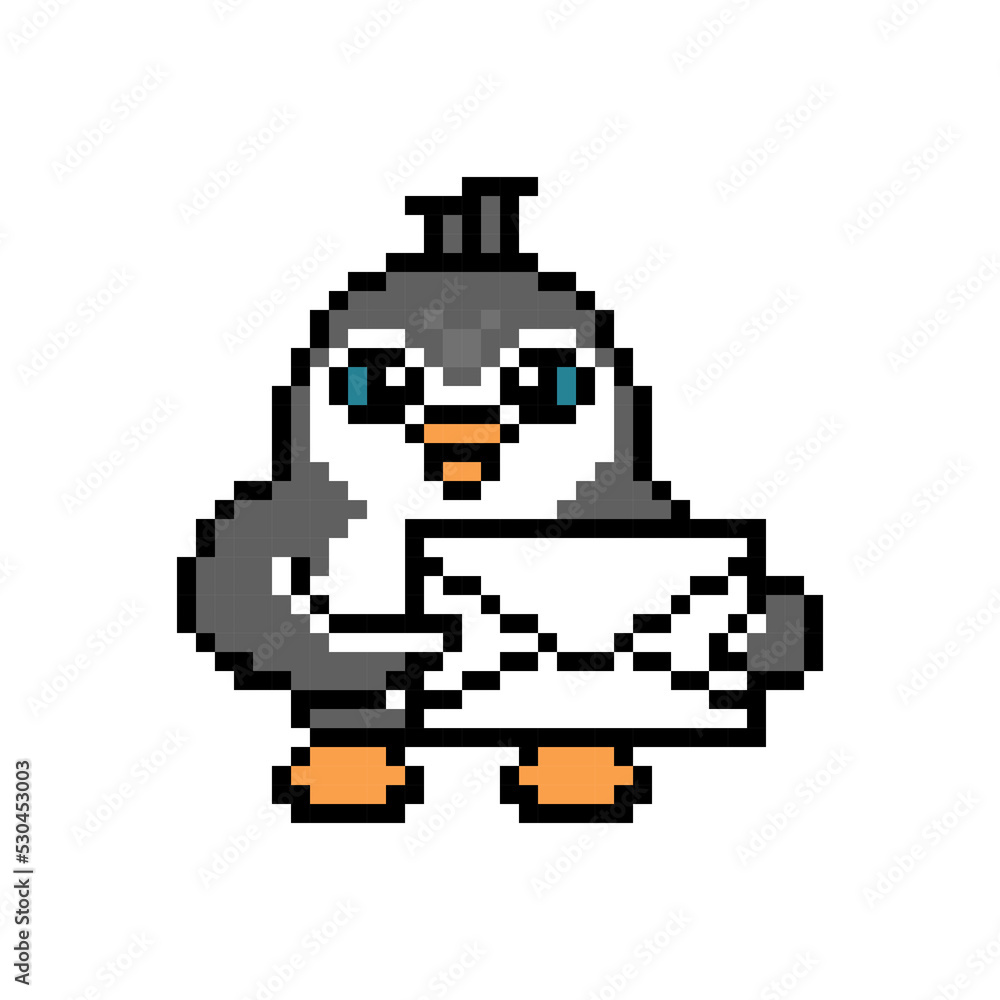 Penguin postman delivering a letter, pixel art animal character ...