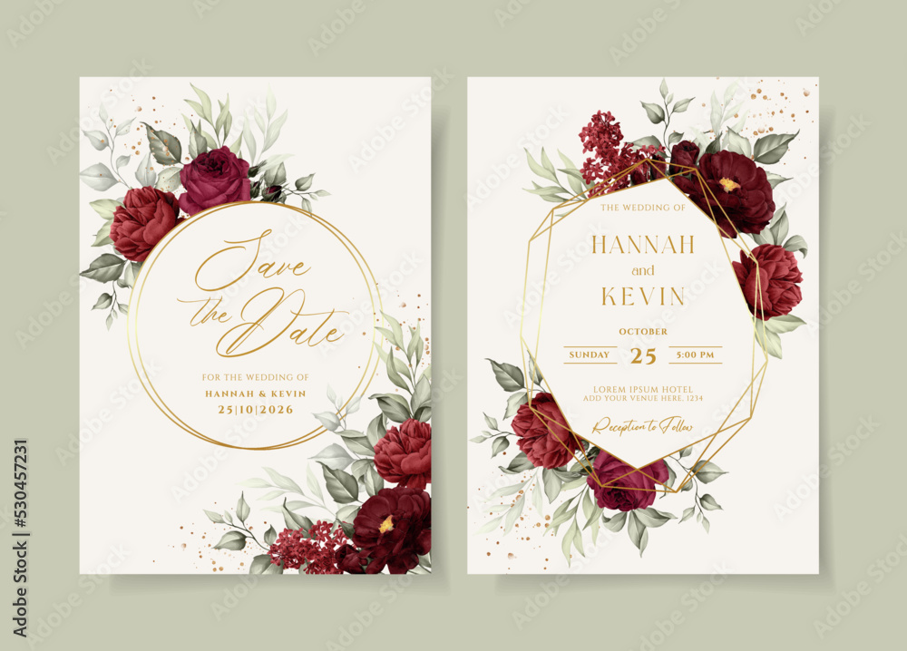 Beautiful floral wedding invitation template set with red roses and ...