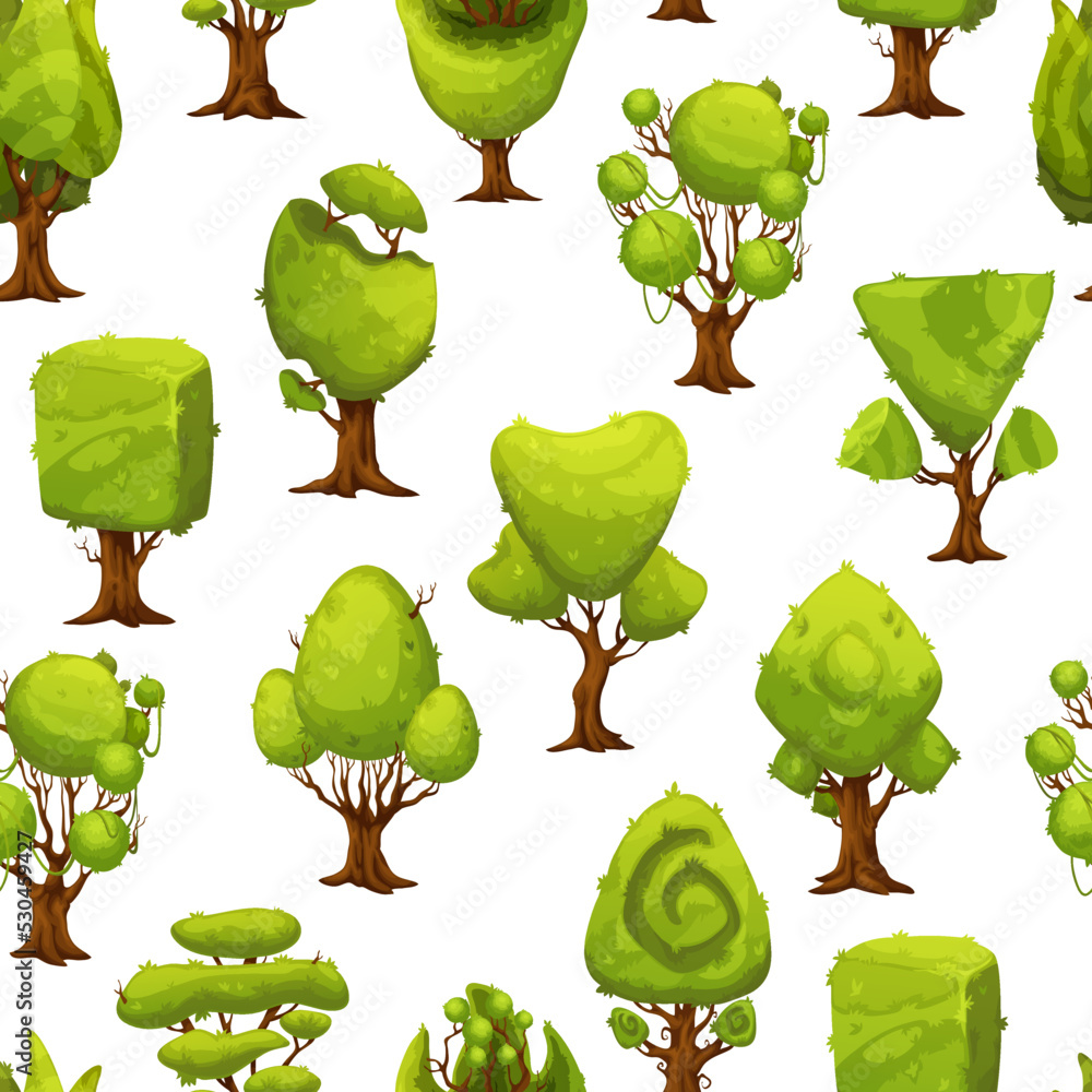 Cartoon fantasy forest and jungle green trees seamless pattern ...