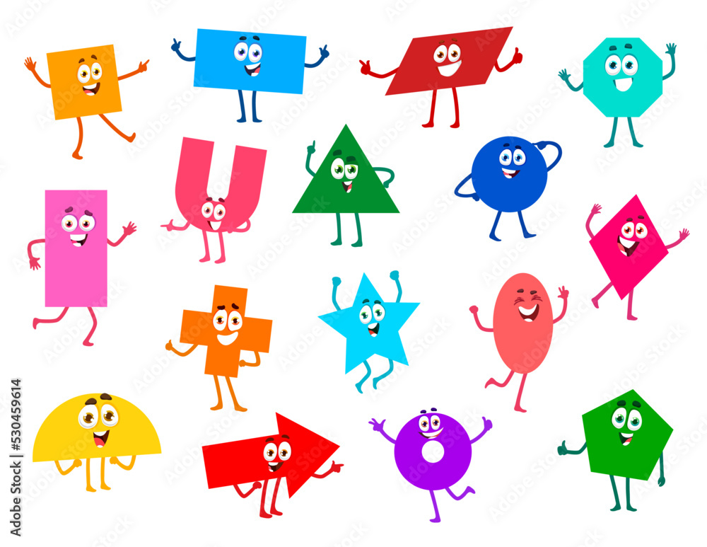Math shape characters or cartoon geometric figures, vector education ...