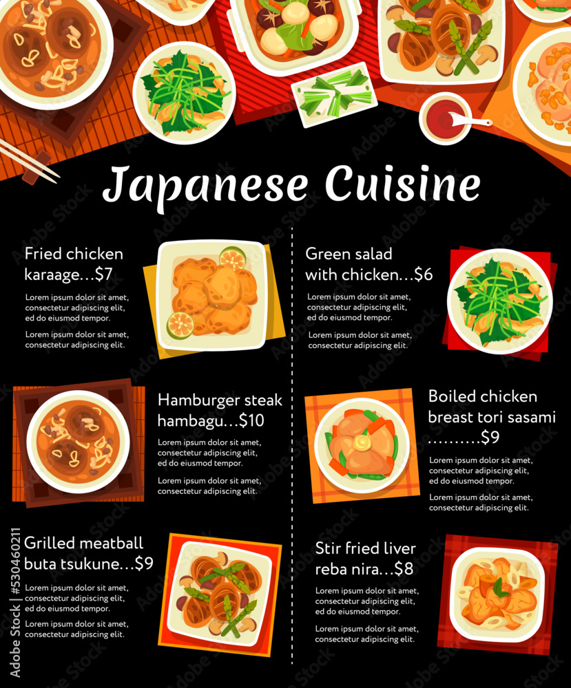 Japanese cuisine vector menu fried chicken karaage, toriniku no ...