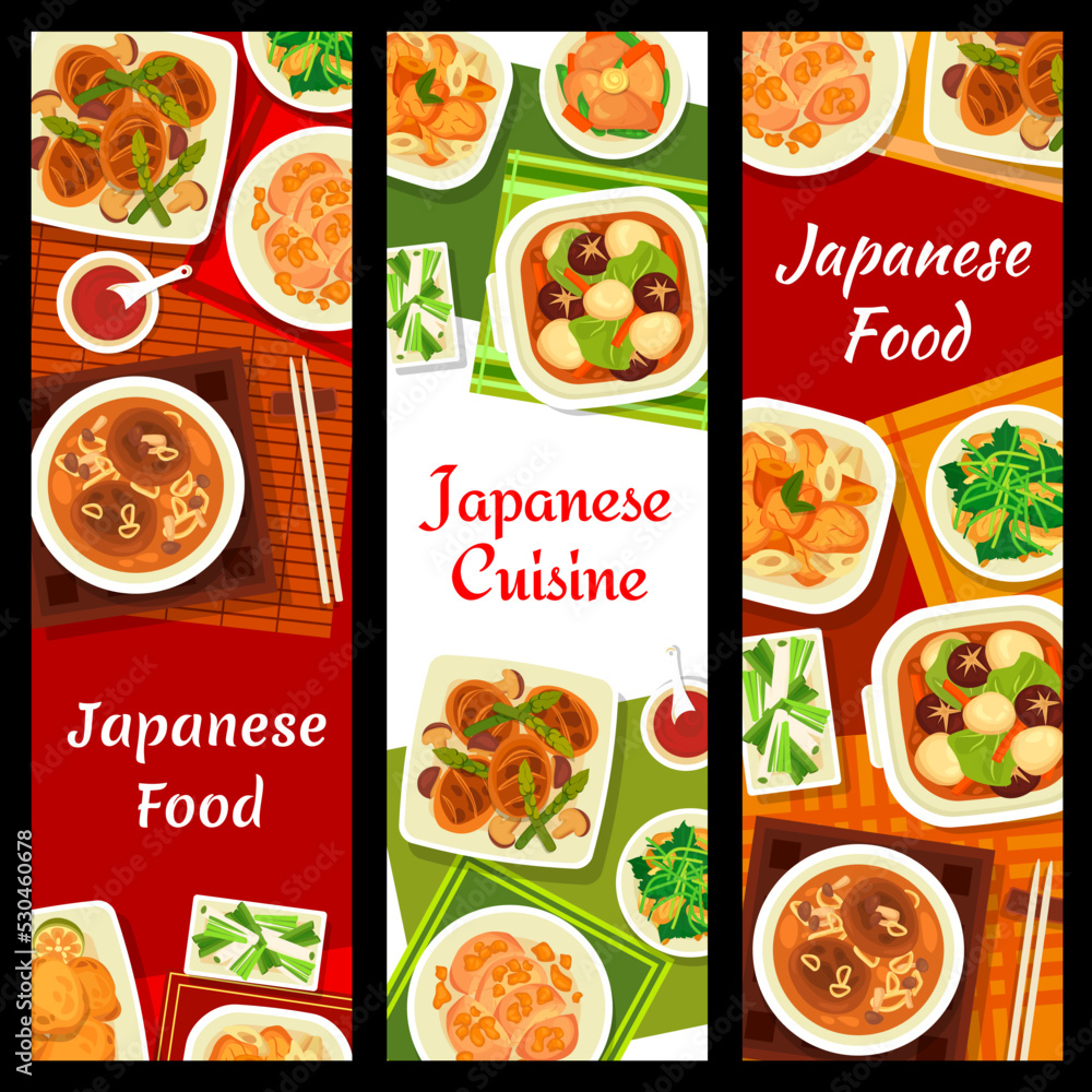 Japanese cuisine vector banners grilled meatball buta tsukune, boiled ...
