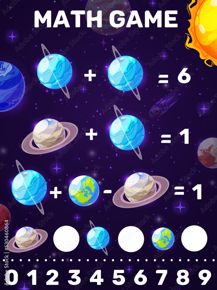 Math game worksheet. Cartoon galaxy space planets and stars. Kids ...