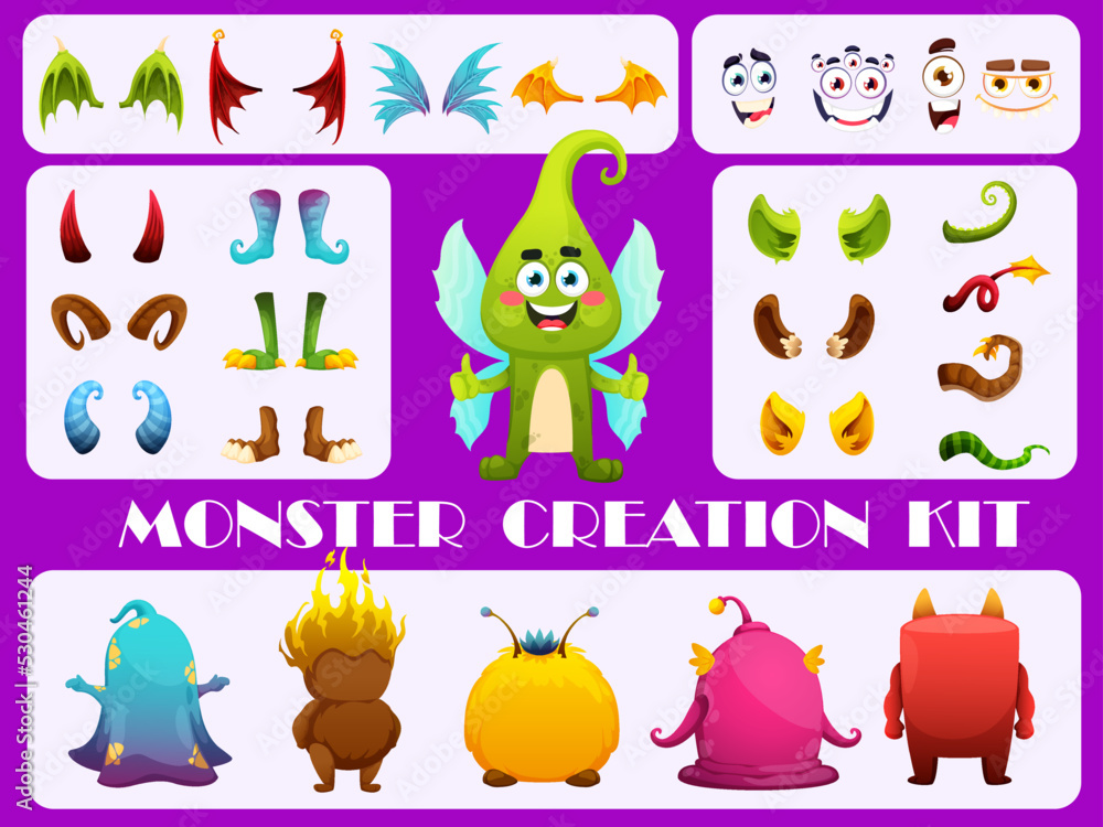 Monster creation kit. Cartoon monster character constructor. Vector ...