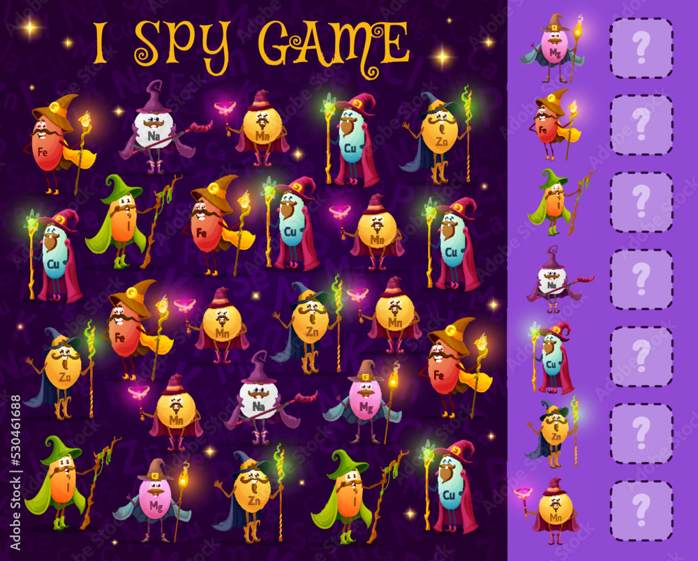I spy game, micronutrients wizard and mage characters, vector find two ...