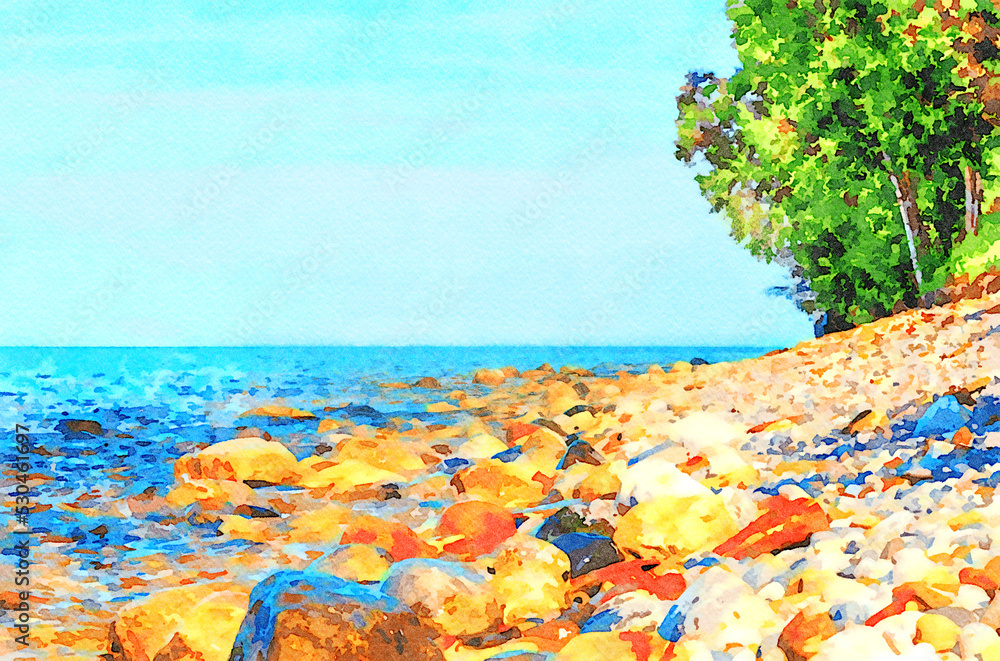 Digitally created watercolor painting of the beautiful lakeshore of the ...