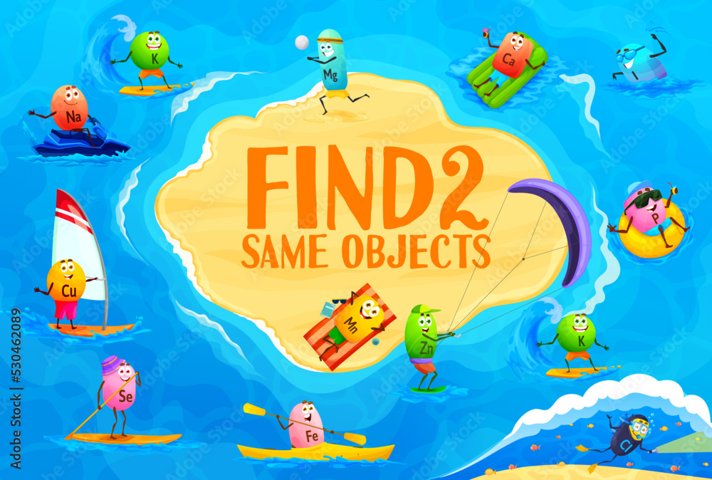 Find two save cartoon vitamin and mineral characters on beach vacation ...