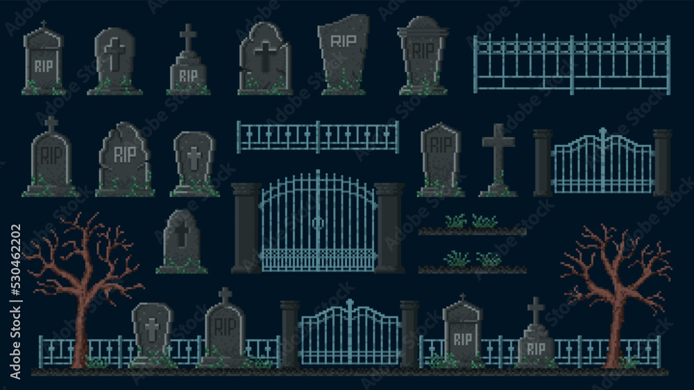 Cemetery 8 bit pixel game asset. Gravestone, fence, graveyard and ...