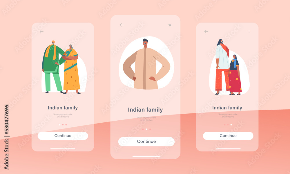 Vetor de Indian Family Mobile App Page Onboard Screen Template. Young ...