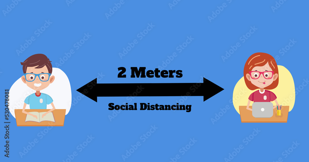 School boy and school girl icons maintaining 2 meters social distance ...