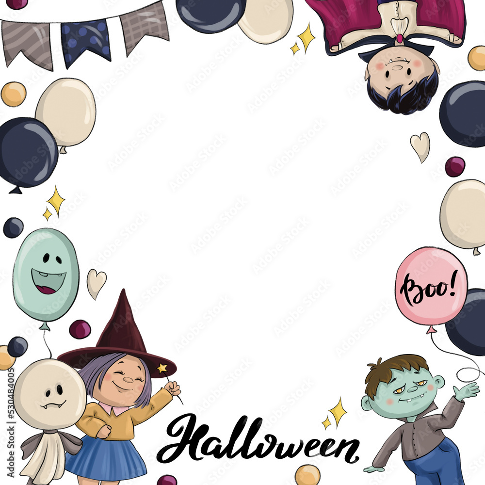 Cartoon Halloween frame with cute characters. Template for postcards ...