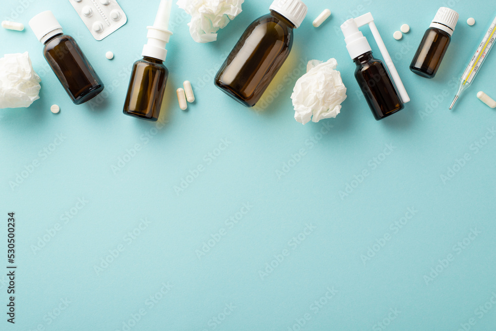 Illness concept. Top view photo of remedy transparent brown spray and ...