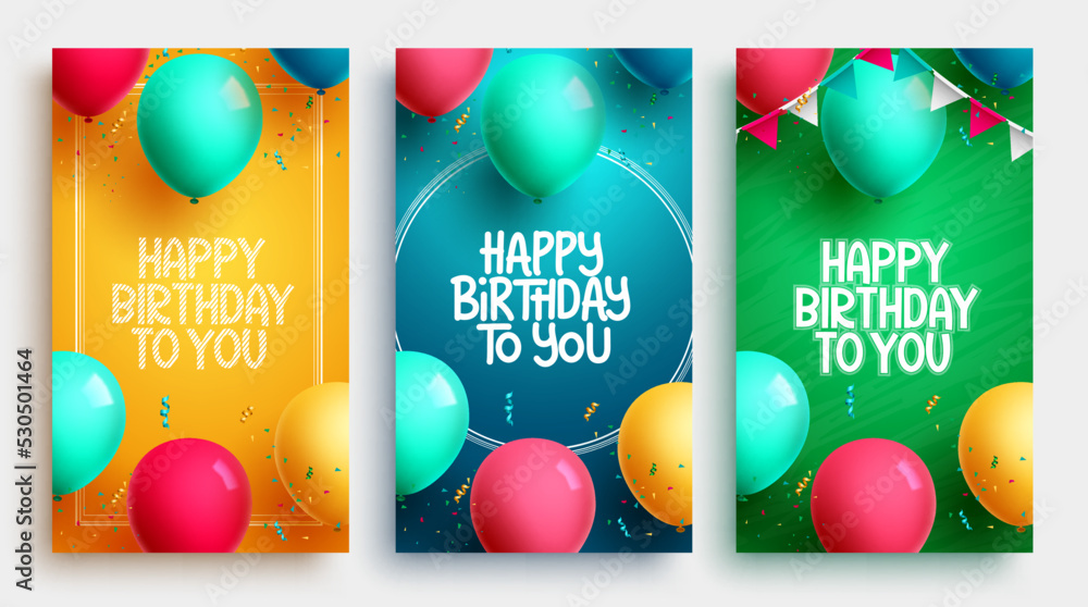 Happy birthday poster set vector design. Birthday greeting text ...