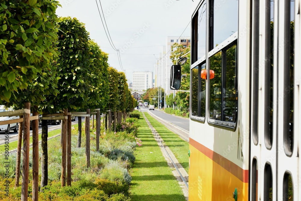 green lawn in between tramway steel tracks. diminishing perspective ...