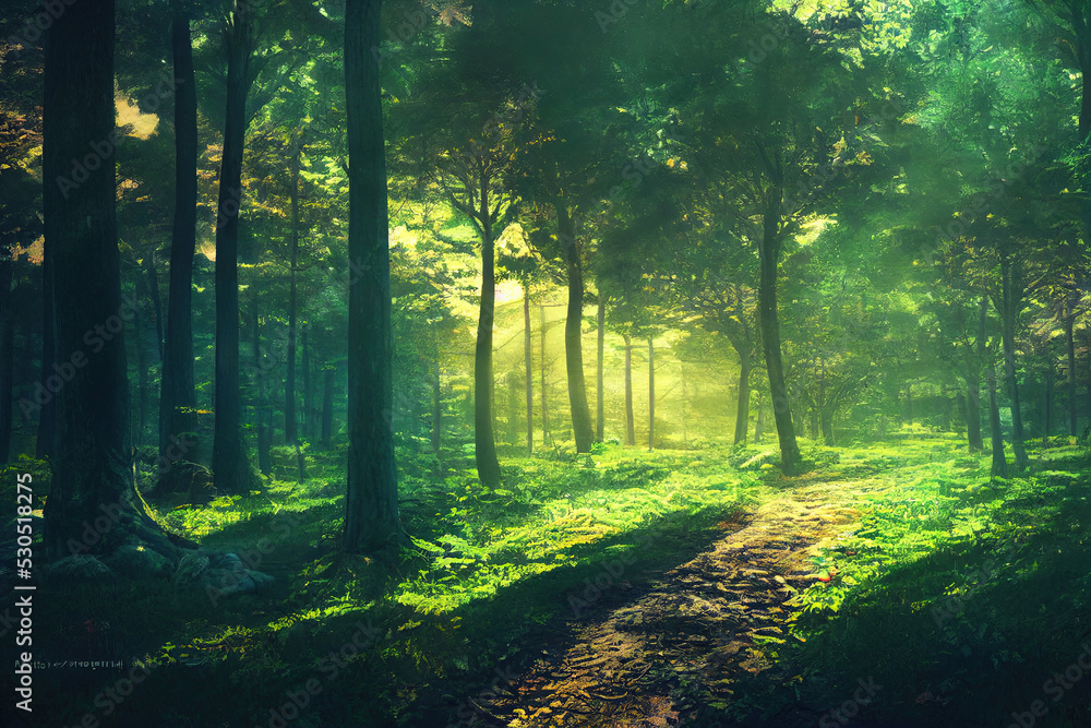 Beautiful and Mystery Deep Forest with Grass Path. Fantasy Backdrop ...
