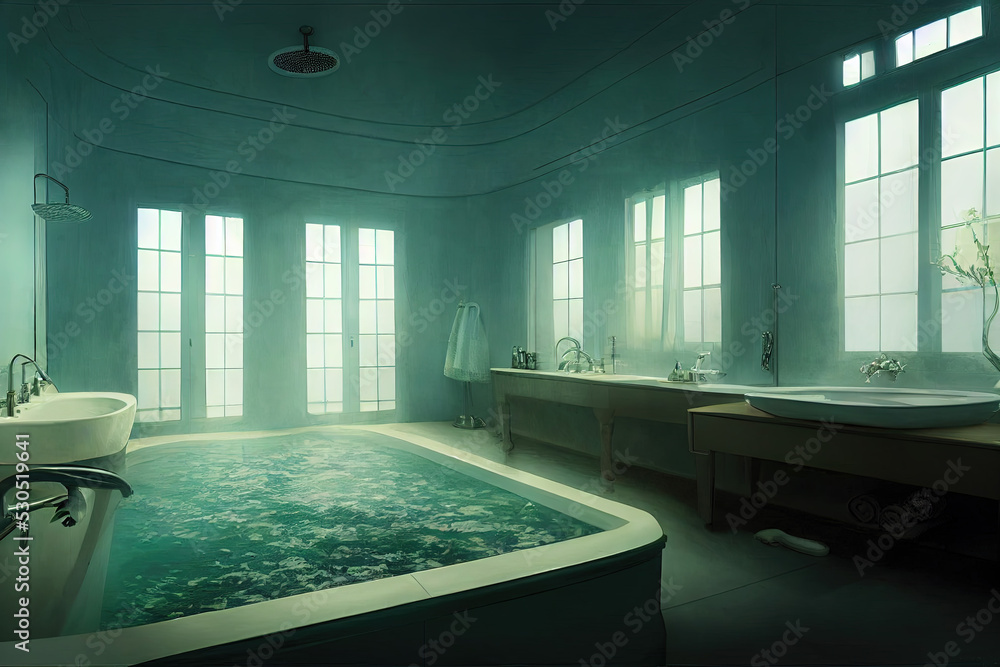 bath Room Interior with Windows and Light Ray. Fantasy Backdrop ...