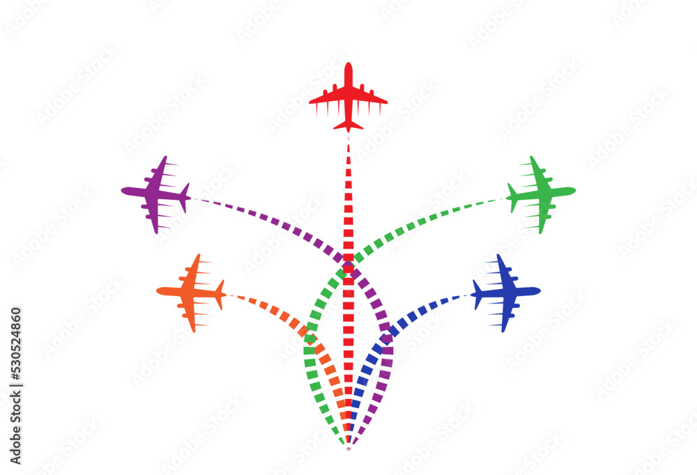 Colorful airplanes with complex line routes vector illustration ...