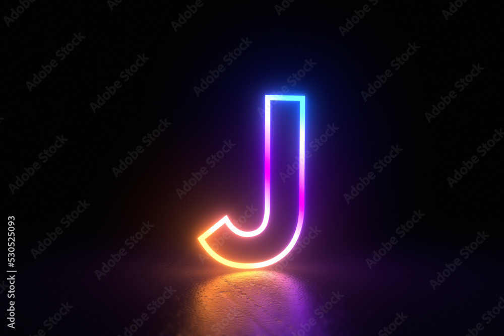 j letter character neon light black background isolated reflection ...