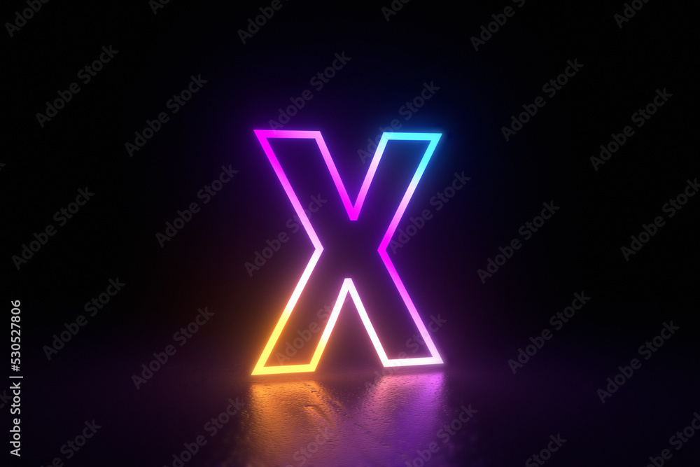 x letter character neon light black background isolated reflection ...