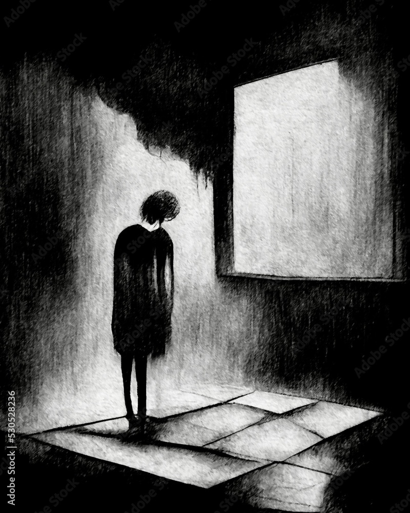 Black and white illustration of a sad and depressive person in an empty ...