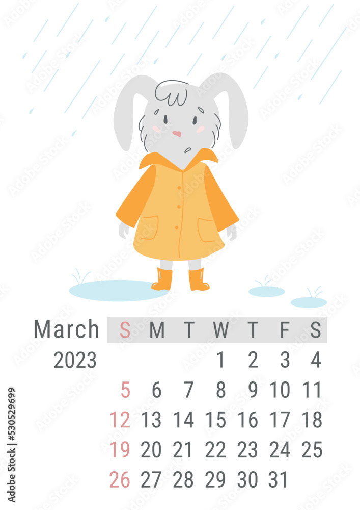Vector vertical calendar for March 2023 with a rabbit in a raincoat in ...