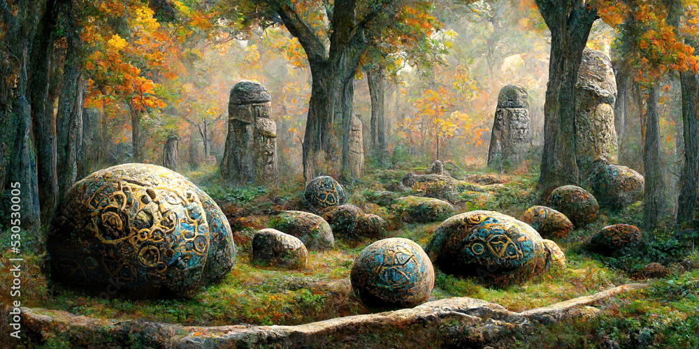 An ancient place of power. Megalithic boulders in the autumn forest ...
