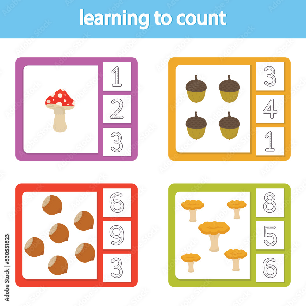 Cards for learning to count from 1 to 10. mushrooms and leaves. A game ...