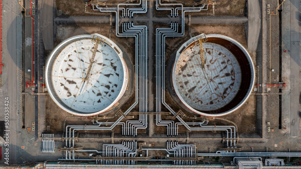 Aerial view crude oil storage tank, White storage tank farm chemical petroleum petrochemical ...