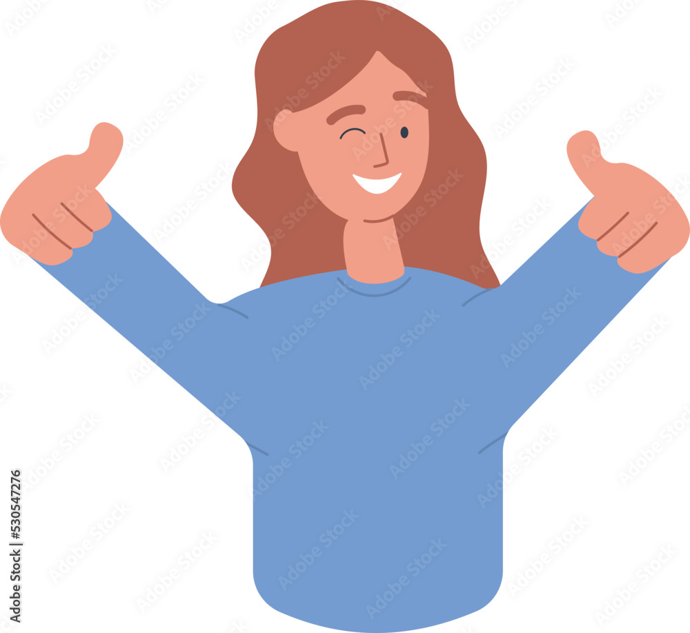 A happy smiling person gestures with finger up and winks with eye ...