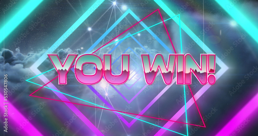 Image of you win text banner over tunnel in seamless pattern against ...