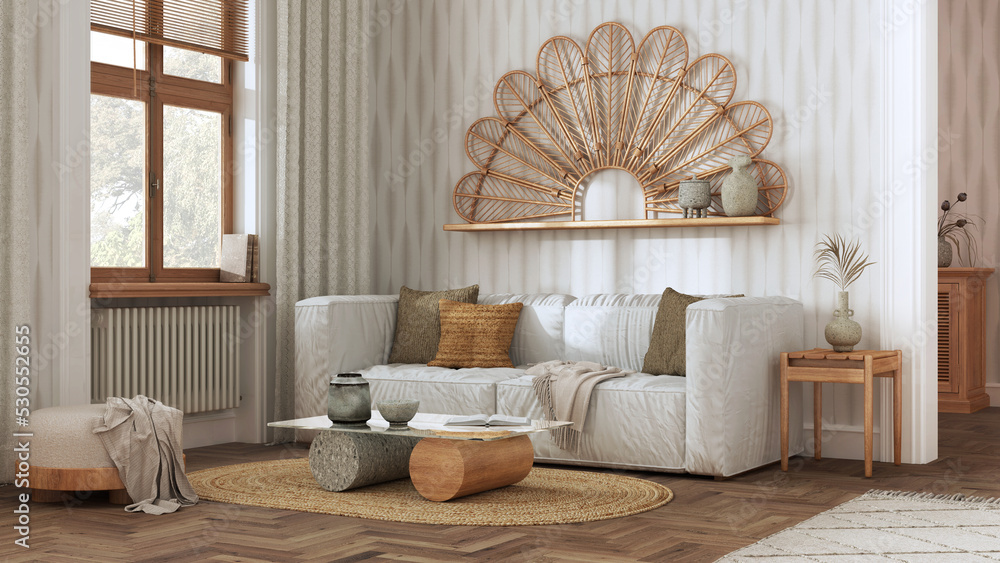 Bohemian wooden living room with wallpaper and herringbone parquet ...