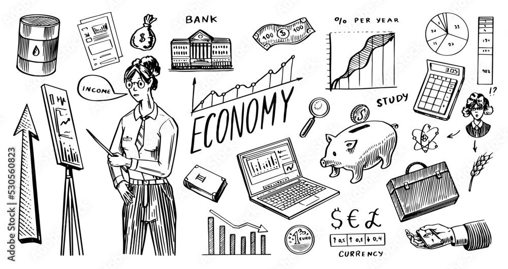 Economy poster. Finance and money. Piggy bank, calculator and graphs ...