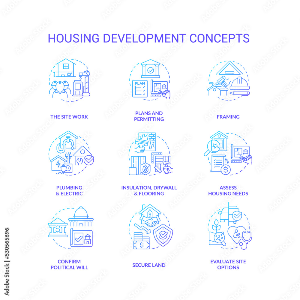 Housing development blue gradient concept icons set. Building ...