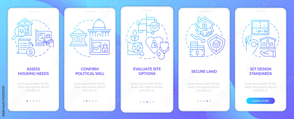 Housing Development Tips Blue Gradient Onboarding Mobile App Screen Project Walkthrough 5 Steps