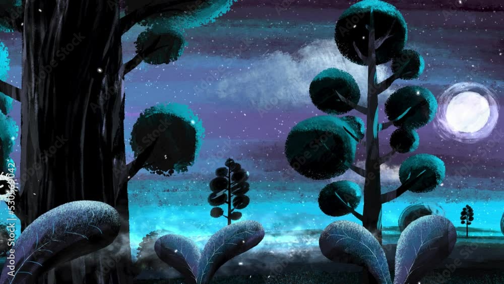 Night landscapes wood with trees. Cute moving background with moon fog ...