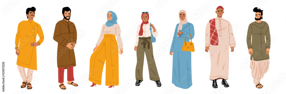 Young Arab people vector illustration set. Collection of flat male and ...