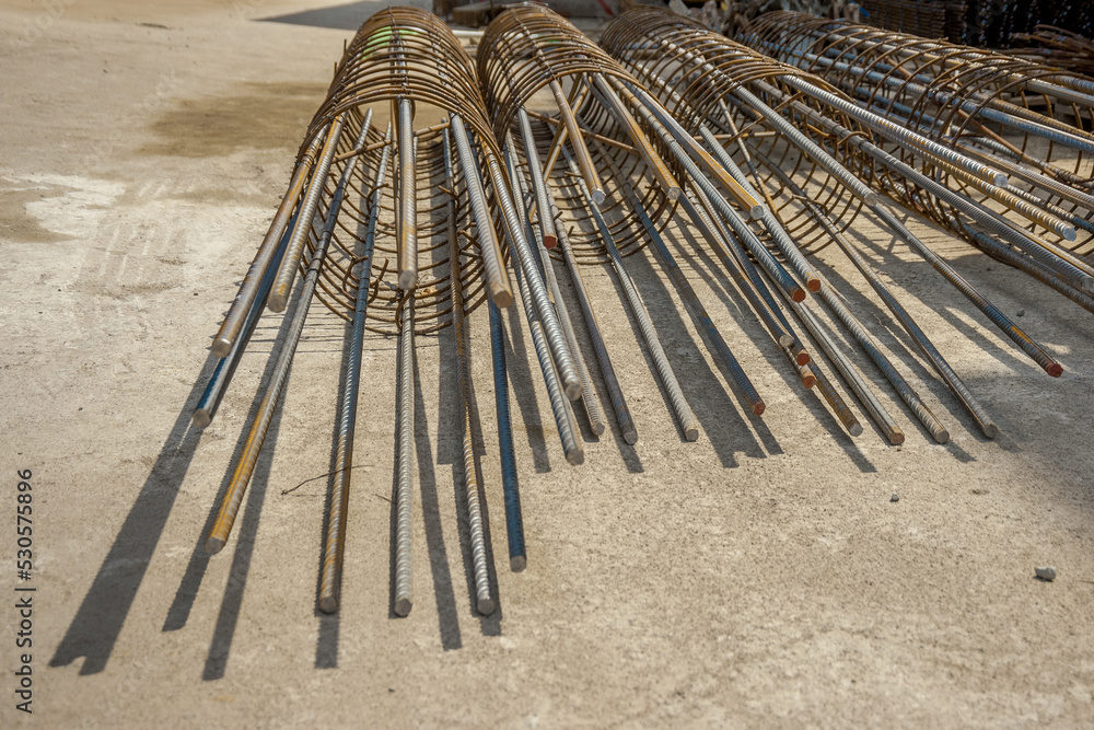 Reinforcing cages of round columns in industrial construction Stock ...