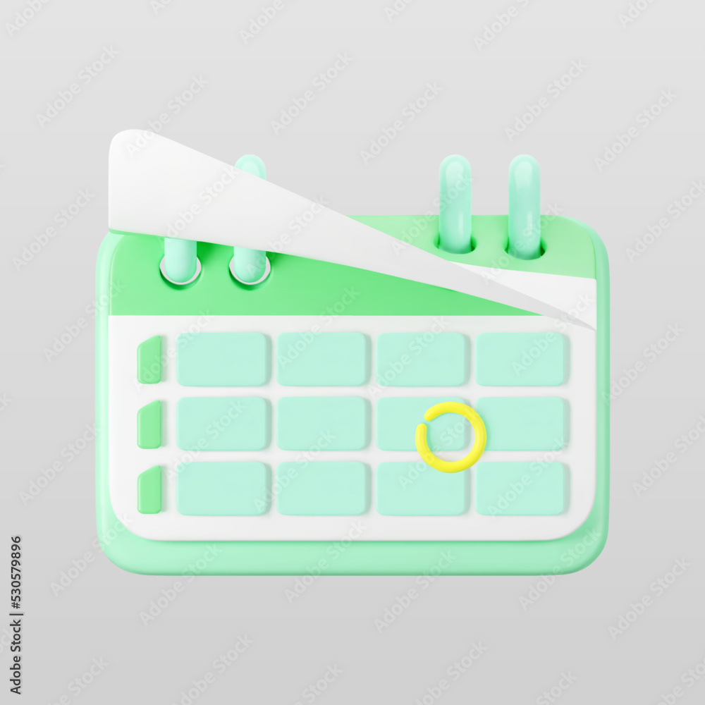 3d green calendar icon with highlighted circle day and flipping pages ...