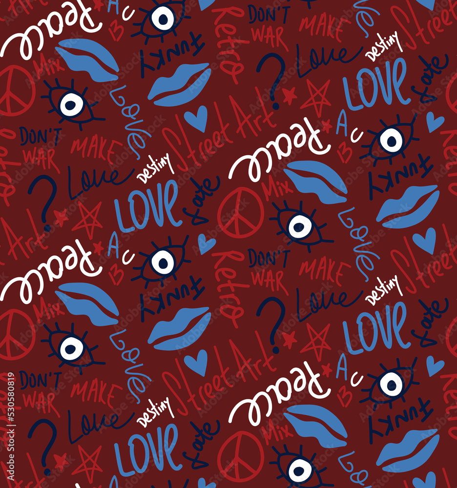 Abstract Hand Drawing Retro Urban Slogans Icons Signs Eyes Symbols Lips ...