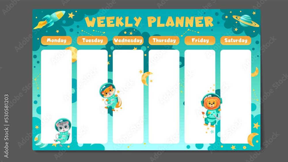 School timetable for students or pupils with astronaut animals in space ...