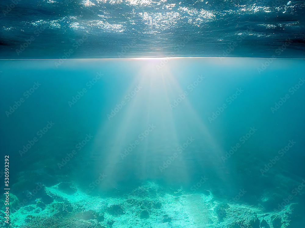 Dark blue ocean. Underwater background and undersea light rays shine ...