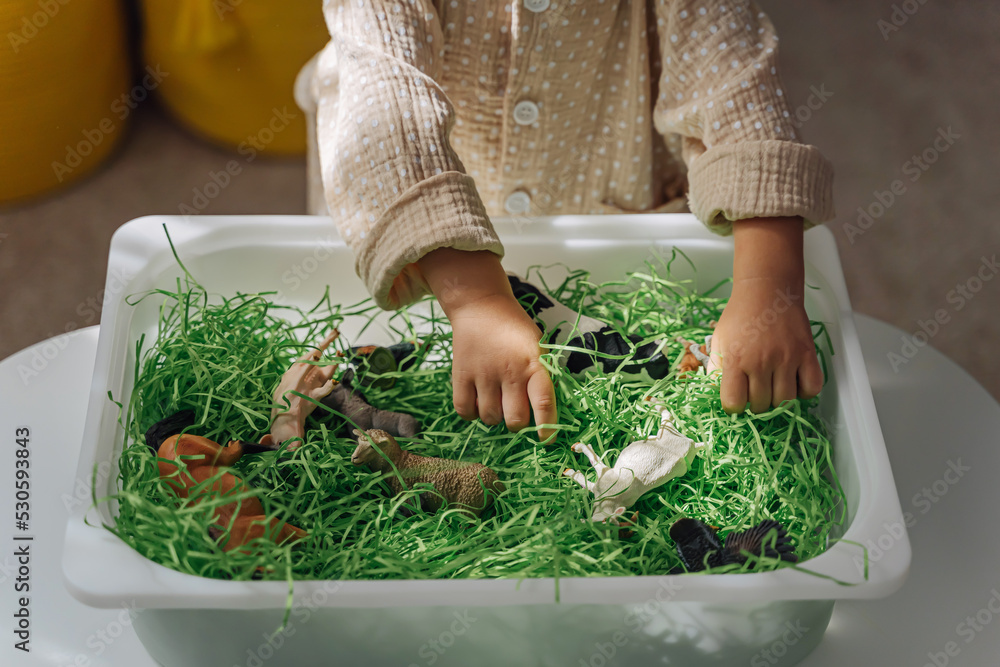 A little girl playing with farm animals in sensory bin with green ...