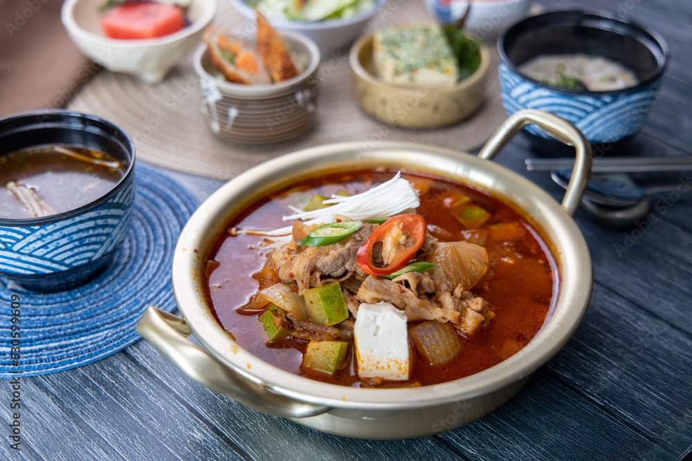 Korean traditional spicy soybean paste stew Doenjang-jjigae and various ...