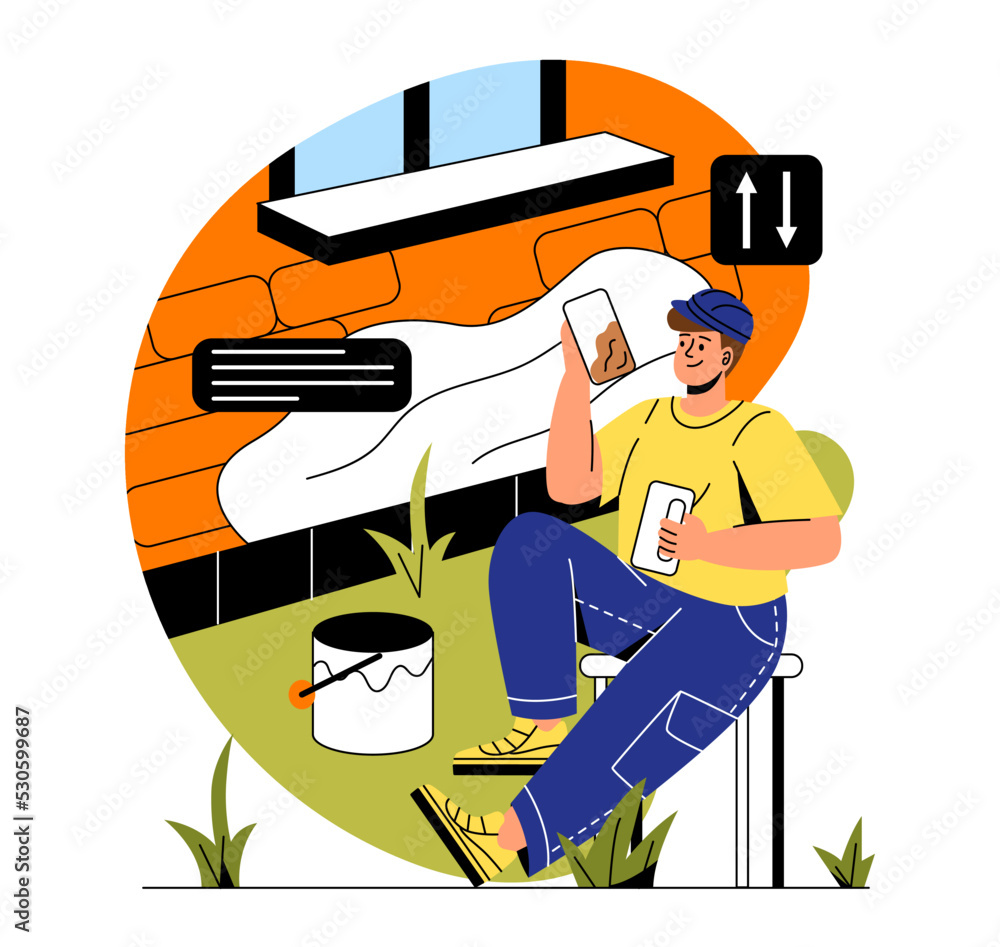 House renovation concept. Young smiling male builder or handyman ...